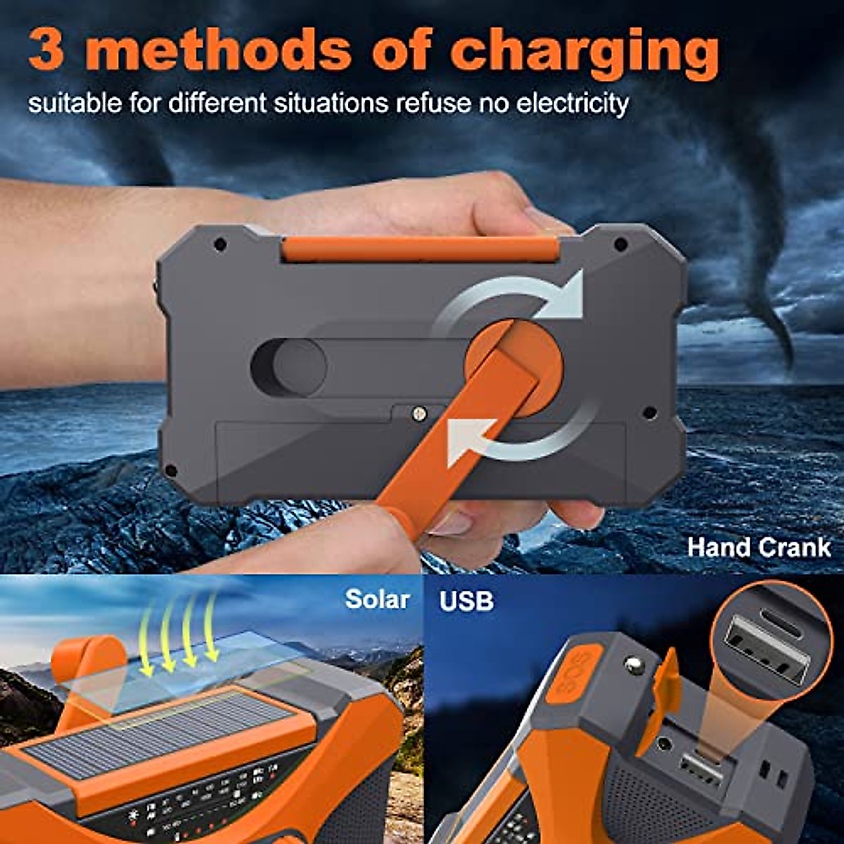 【10000mAh】 Emergency Radio Hand Crank Solar, NOAA Weather Radio Multiple Power Sources,Flashlight, Reading Lamp,Cell Phone Charger, SOS Alarm, Portable AM/FM/WB Radio with Headphone Jack (Orange)