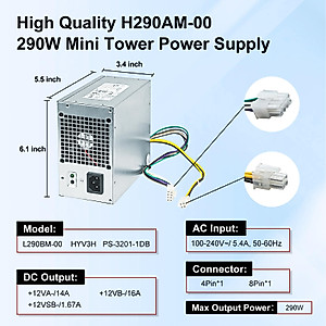 LXun 290W Power Supply Compatible with Dell Optiplex 3020 7020 9020/ Precision T1700/ PowerEdge T20 (MT Mini Tower)(P/N: RVTHD KPRG9 HYV3H H290AM-00 D290A001L L290AM-00 PS-3291-1DF H290EM-00)