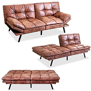 Opoiar Futon Sofa Bed Couch Sleeper Sofa Convertible Small Love Seat Memory Foam Brown Faux Leather Sofa for Living Room Apartment Office, Easy to Assemble, Great Addition