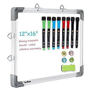 Small Dry Erase White Board – 12" x 16" Magnetic Hanging Whiteboard for Wall Portable Mini Double Sided Easel Hold in Hand for Kids Drawing, Kitchen Grocery List, Memo Board.