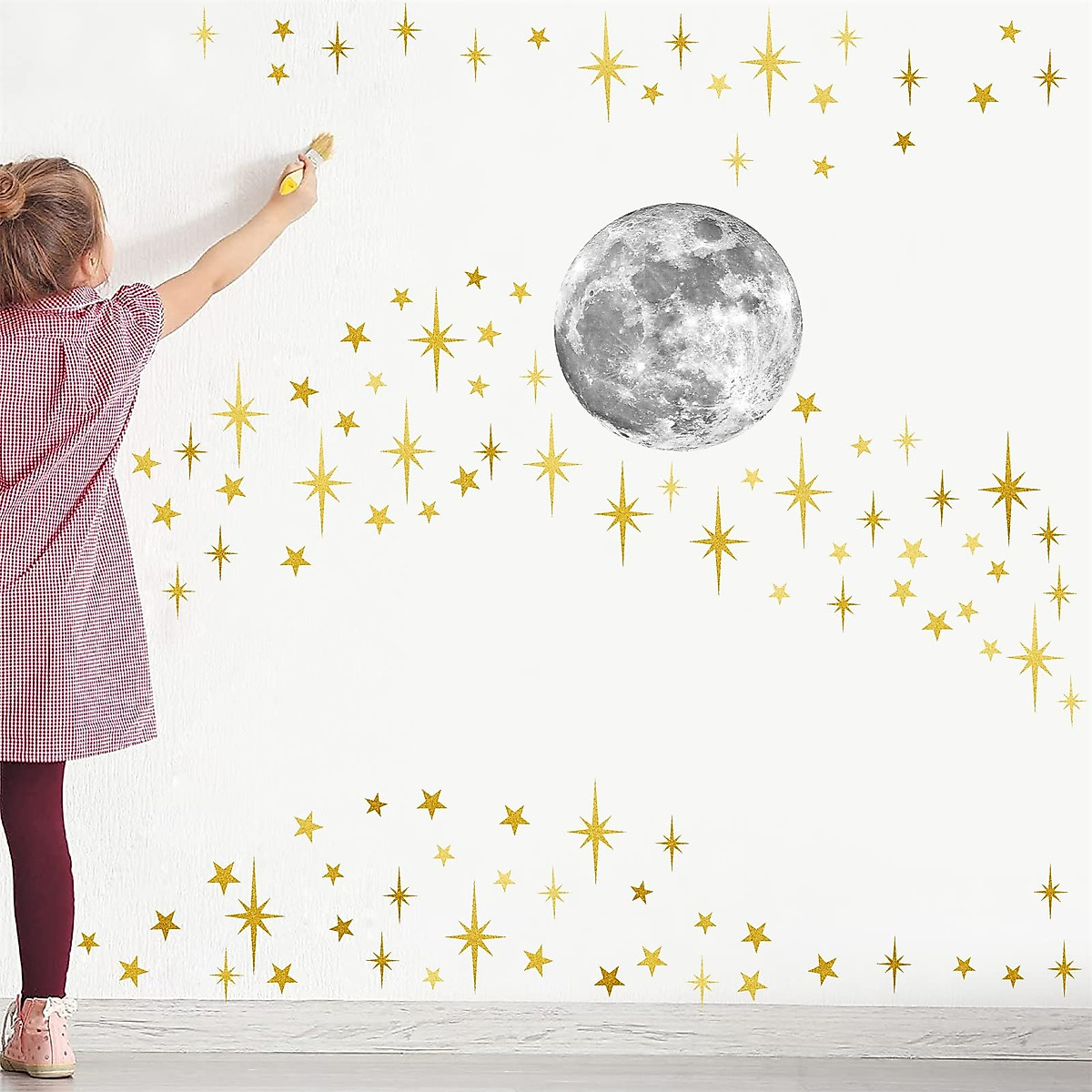 Moon and Stars Wall Decal Moon Wall Sticker Gold Star Decals Peel and Stick Wall Stickers Mural for Kids Baby Room Nursery Wall Decor Vinyl Star for Ceiling Wall Decals for Bedroom Playroom Decoration