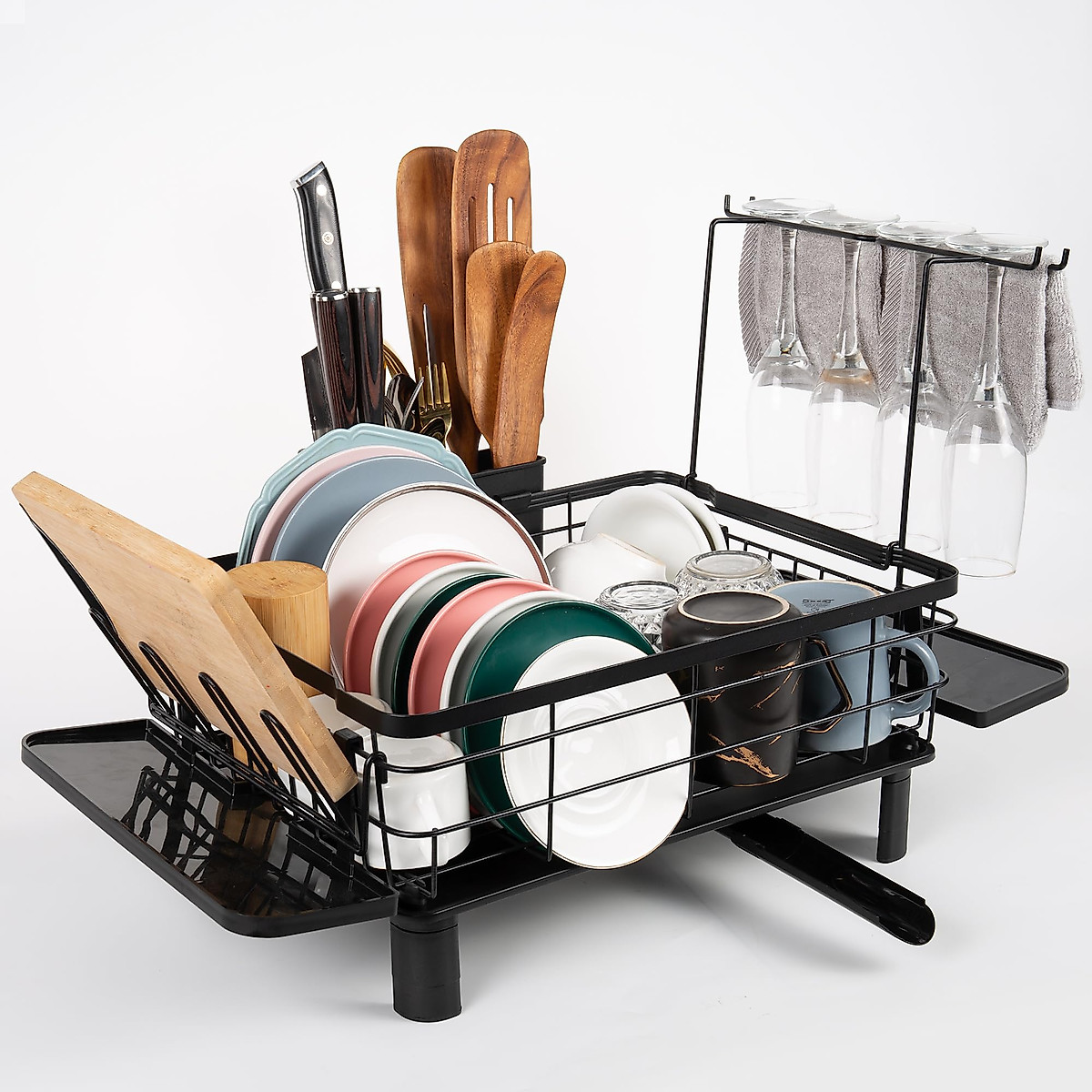 KitchNcure Large Dish Drying Rack for Kitchen Counter - Adjustable Height Dish Rack Over Sink with 12" Extended Spout & 4-Channel Drainboard - Kitchen Sink Organizer with Utensil Holder & Cup Hangers