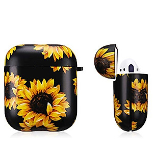 Qokey Compatible with Airpods Case,Flower Floral Pattern Cute Case for Women Girls Soft Silicone Wireless Charging Case Chrome Keychain Portable & Shockproof Accessories Kit for AirPods 1/2 Sunflowers