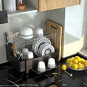 Klvied Dish Rack with Swivel Spout, 2 Tier Drying Rack for Kitchen Counter, Large Dish Drying Rack with Drainboard, Dish Strainers for Kitchen Counter, 304 Stainless Steel Dish Drying Rack, Black