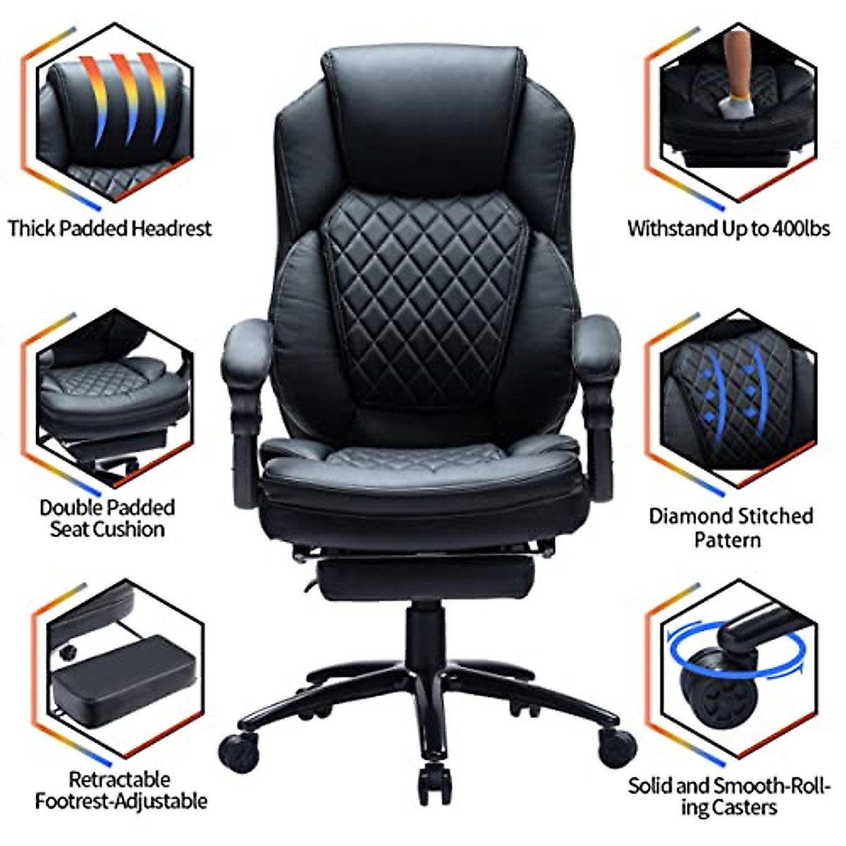 Kasorix Managerial and Executive Chair with Foot Rest, 400lbs Big and Tall Office Chair with Reclining Function,Office Chair for Heavy People,Oversized Office Chair Home Office Chair (Black)