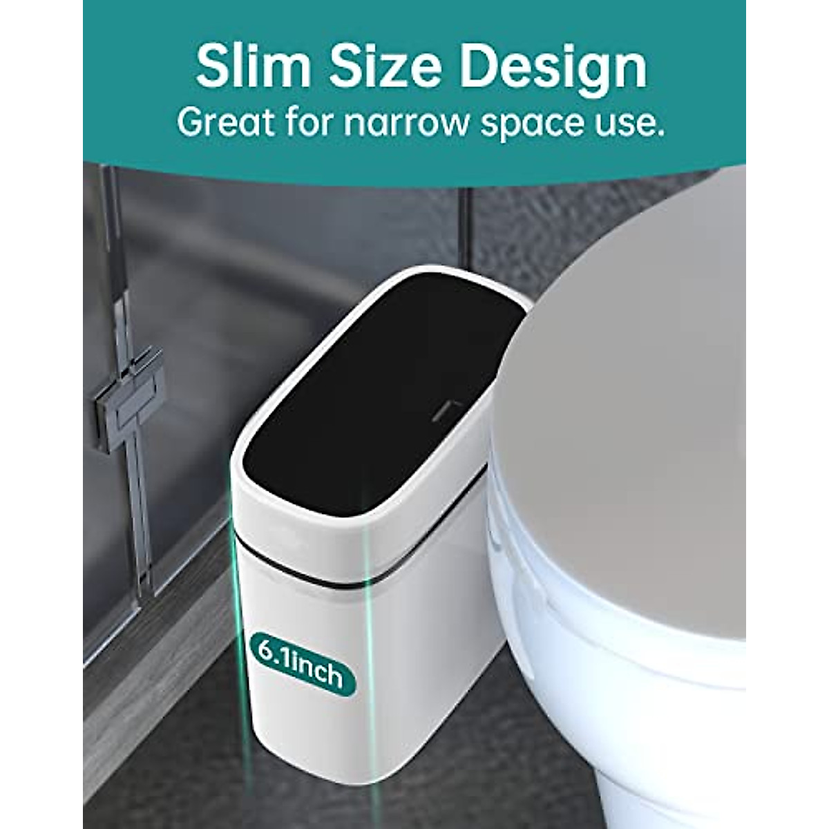 WOA WOA 14 Litre Trash Can with Press Top Lid | 3.7 Gallons Black Plastic Garbage Bin | Slim Wastebasket for Bathroom, Kitchen, Toilet, Office, Room, Bedroom