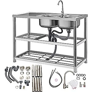 Utility Sink, 2 Compartment Stainless Steel Commercial Kitchen Prep & Utility Sink with Drainboard - Expanded Size 47" x 33" x 17"