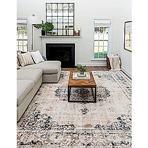 Unique Loom Leila Collection Traditional, Distressed, Medallion, Border, High-Low Pile, Vintage Area Rug, 3' 3" x 5' 3", Tan/Navy Blue
