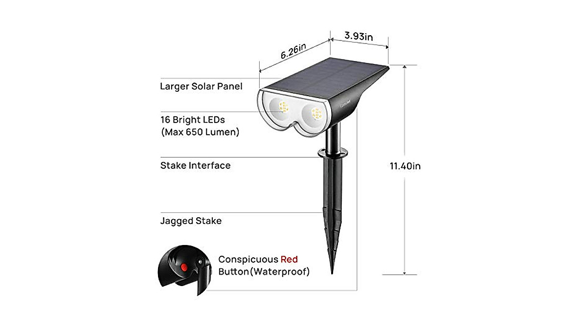 Consciot Solar Spot Lights Outdoor - Waterproof 16 LEDs, Auto On/Off
