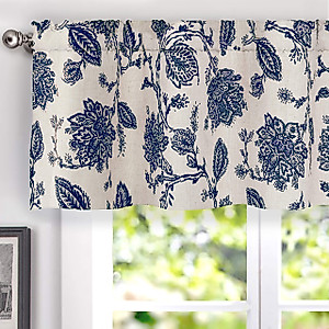 DriftAway Freda Jacobean Floral Linen Blend Blackout Thermal Insulated Energy Saving Privacy Window Linen Curtain Valance Rod Pocket 2 Layers Single 52 Inch by 18 Inch Plus 2 Inch Header Navy Beige