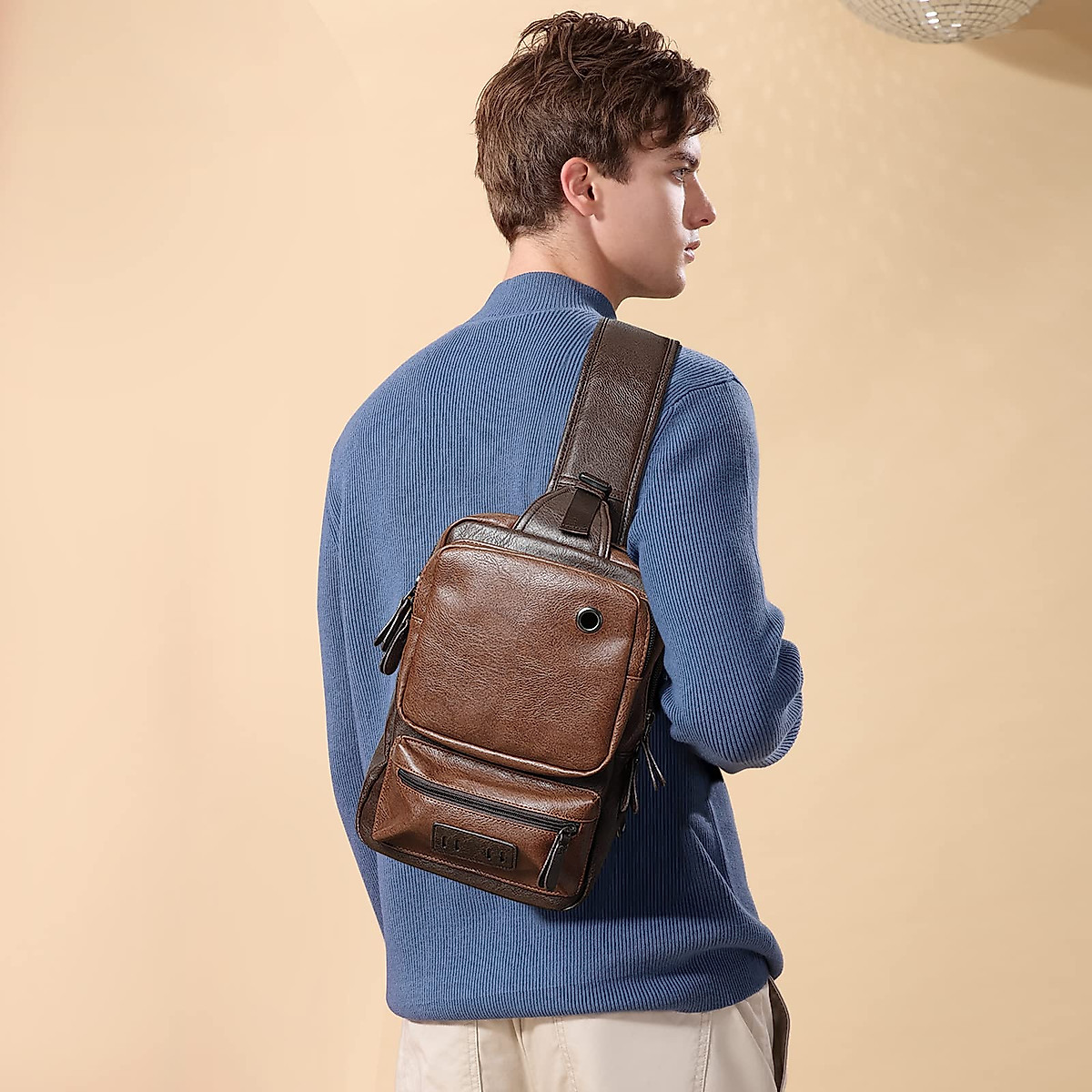 AONETIGER Small Brown Sling Crossbody Backpack Shoulder Bag, Vintage PU Leather Casual Daypack Rucksack with USB Charger bag for Men Women