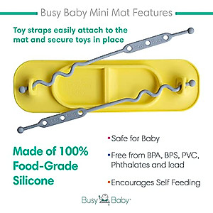 BUSY BABY MAT | Silicone Mini Suction Placemat for Babies & Toddlers with Adjustable Tethers to Attach Toys | Keep Toys Off The Floor, Dishwasher Safe, BPA Free | Includes Travel Sleeve (Pewter)