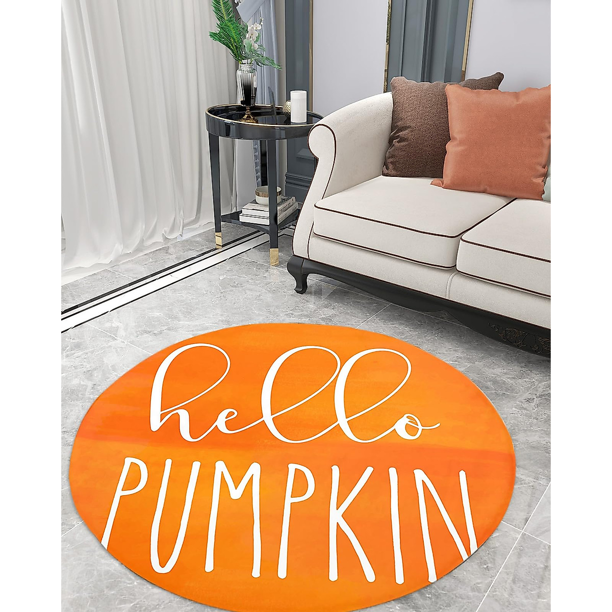 Thanksgiving Fluffy Round Area Rug Carpets 3ft, Plush Shaggy Carpet Soft Circular Rugs, Non-Slip Fuzzy Accent Floor Mat for Living Room Bedroom Nursery Home Decor Burnt Orange Pumpkin Festival