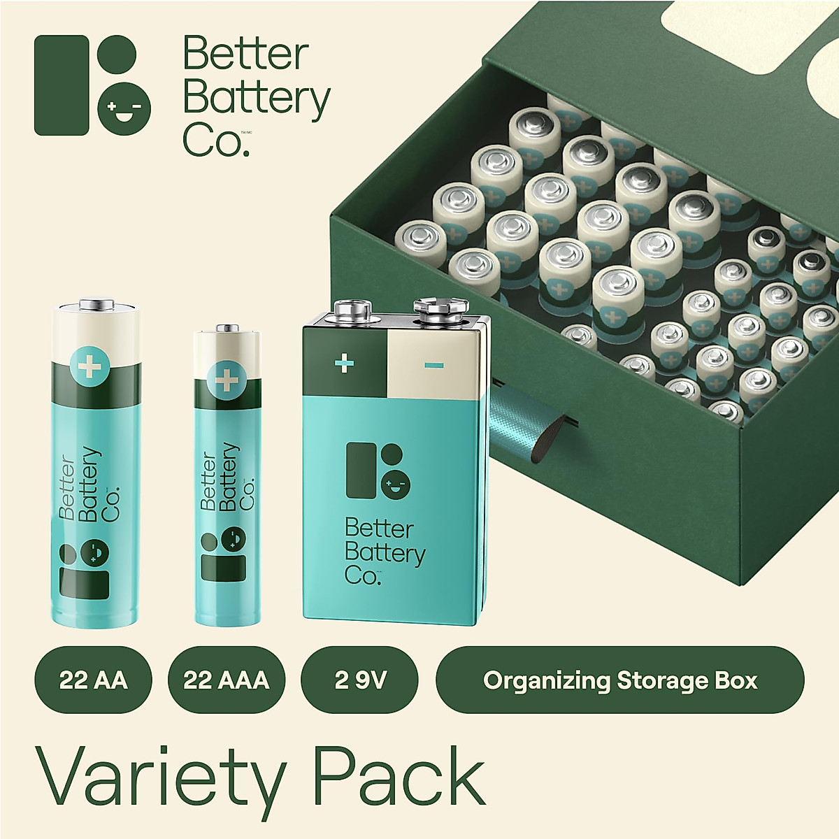 Better Battery Co. Variety Pack – AAA & AA & 9V Mixed Batteries – High-Performance Carbon Neutral Batteries with Organizer Box & Built-in Recycling Program – Bulk Combo Set 22x AA, 22x AAA & 2X 9V
