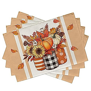 Seliem Fall Pumpkin Sunflower Placemats Set of 4, Autumn Leaves Flower Buffalo Plaid Mason Jar Farmhouse Dining Table Place Mats, Thanksgiving Seasonal Kitchen Decor Party Home Decoration 12x18 Inch