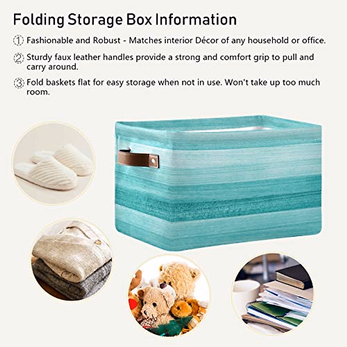 Large Foldable Storage Basket, Teal Turquoise Green Wood Fabric Storage Bin Organizer Bag with Handles 15 x 11 x 9.5 inch