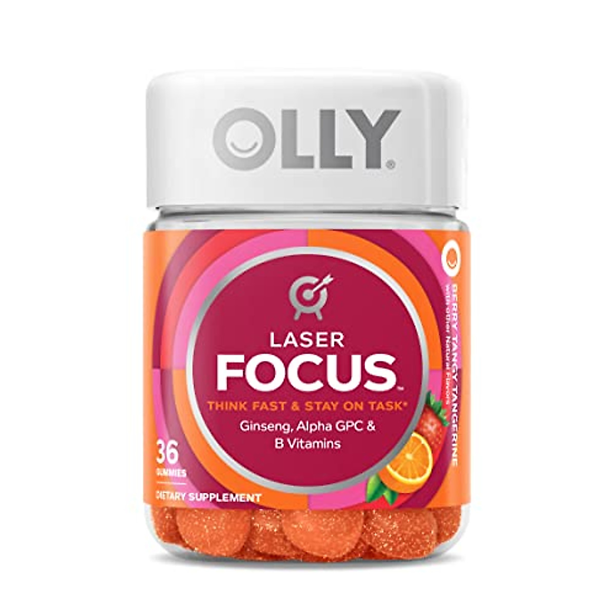 Olly Laser Focus Gummy 18 Day Supply Gummies Ginseng Alpha GPC B Vitamins Chewable Supplement, Berry Tangy Tangerine, 36 Count