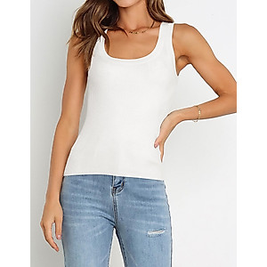 ZESICA Women's Sleeveless Tank Tops Summer Scoop Neck Ribbed Knit Slim Fitted Casual Basic Tee Shirts,White,Medium