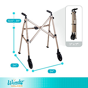 Stander Wonder Walker, Lightweight Foldable Space Saver Rolling Walker for Adults, Seniors, and Elderly, Compact Travel Walker with 6-inch Wheels and Ski Glides for Mobility Support, Desert Sand
