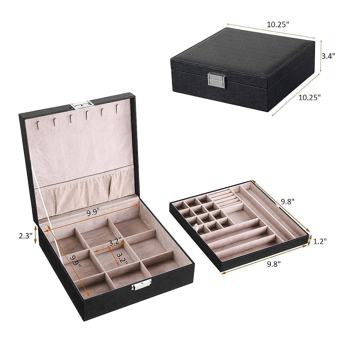 BEWISHOME Jewelry Box Organizer 40 Section Display Tray Jewelry Box for Women 35 Compartments Jewelry Organizer Black