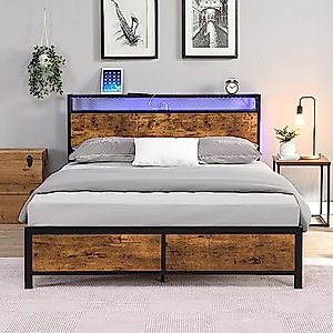 Vintage Metal Platform Bed with LED Lights and USB Ports Headboard, Bed Frame with Storage Headboard and Under Bed Storage for Bedroom, Noise Free, No Box Spring Needed, Industrial Style (Queen)