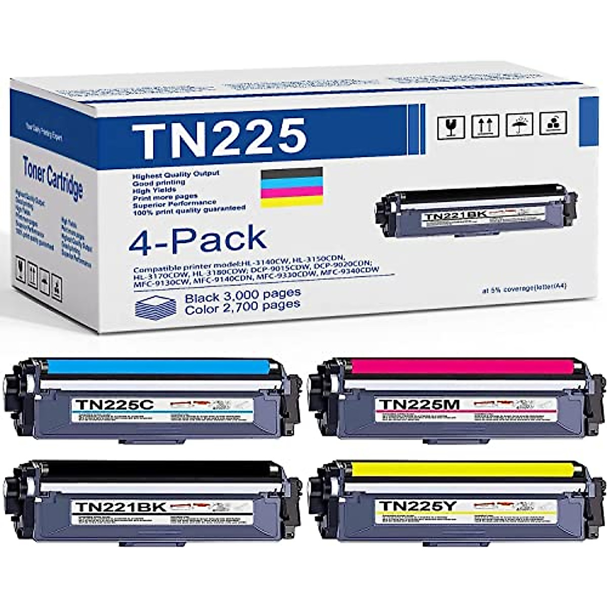 4 Pack (1BK+1C+1M+1Y) Compatible TN225 Toner Cartridge Replacement for Brother DCP-9015CDW 9020CDN HL-3140CW 3150CDN 3170CDW 3180CDW MFC-9130CW 9140CDN 9330CDW 9340CDW Printer Toner Cartridge
