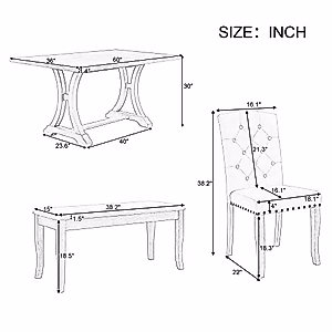P PURLOVE 6 Piece Dining Table Set, Retro Wood Dining Set with Rectangular Trestle Table, 4 Upholstered Chairs and Bench for Dining Room (Natural Wood Wash)