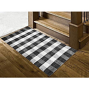 GLAMBURG Cotton Buffalo Check Plaid Rugs Washable, Handwoven Checkered Rug Welcome Door Mat 22x34 Rug for Kitchen Bathroom Outdoor Porch Laundry Living Room, Farmhouse Reversible Rag Rug Black White
