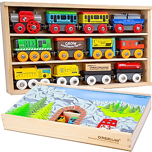 Orbrium 12 Wooden Train Cars Set with Wooden Storage Box with Box Cover Tunnel for 3,4,5,6,7 Years Old Compatible with Thomas & Friends Push-Along, Brio, IKEA, Imaginarium, Melissa and Doug