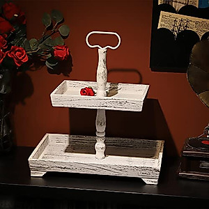 2 Tiered Tray Stand for Decor, Rustic Wooden Farmhouse Decorative Tray for Home Coffee Table Kitchen Counter by Witsbrez (White Wash Rectangle)