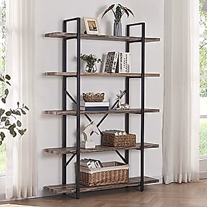 HOMISSUE 5-Tier Bookshelf，Vintage Industrial Book Shelf, Rustic Wood and Metal Bookcase and Bookshelves, Display Rack and Storage Shelf for Living Room Bedroom and Kitchen, Retro Brown