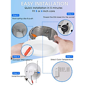 Energetic 5/6 Inch 5CCT LED Recessed Light, 2700K-6500K Selectable Downlight, Can Lights with Baffle Trim, CRI 90, Wet Rated, E26 Base, 10.5W=85W, Dimmable, Simple Retrofit Installation, ETL, 6 Pack