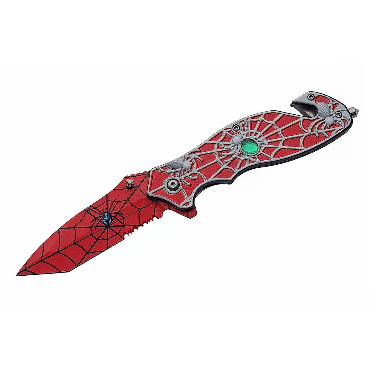 8” Red Spiderweb Assisted Open Pocket Folding Edc Knife Red Stainless Steel Clip Point Blade With Spider Web Print Red Aluminum Handle With Green Jewel Inlay
