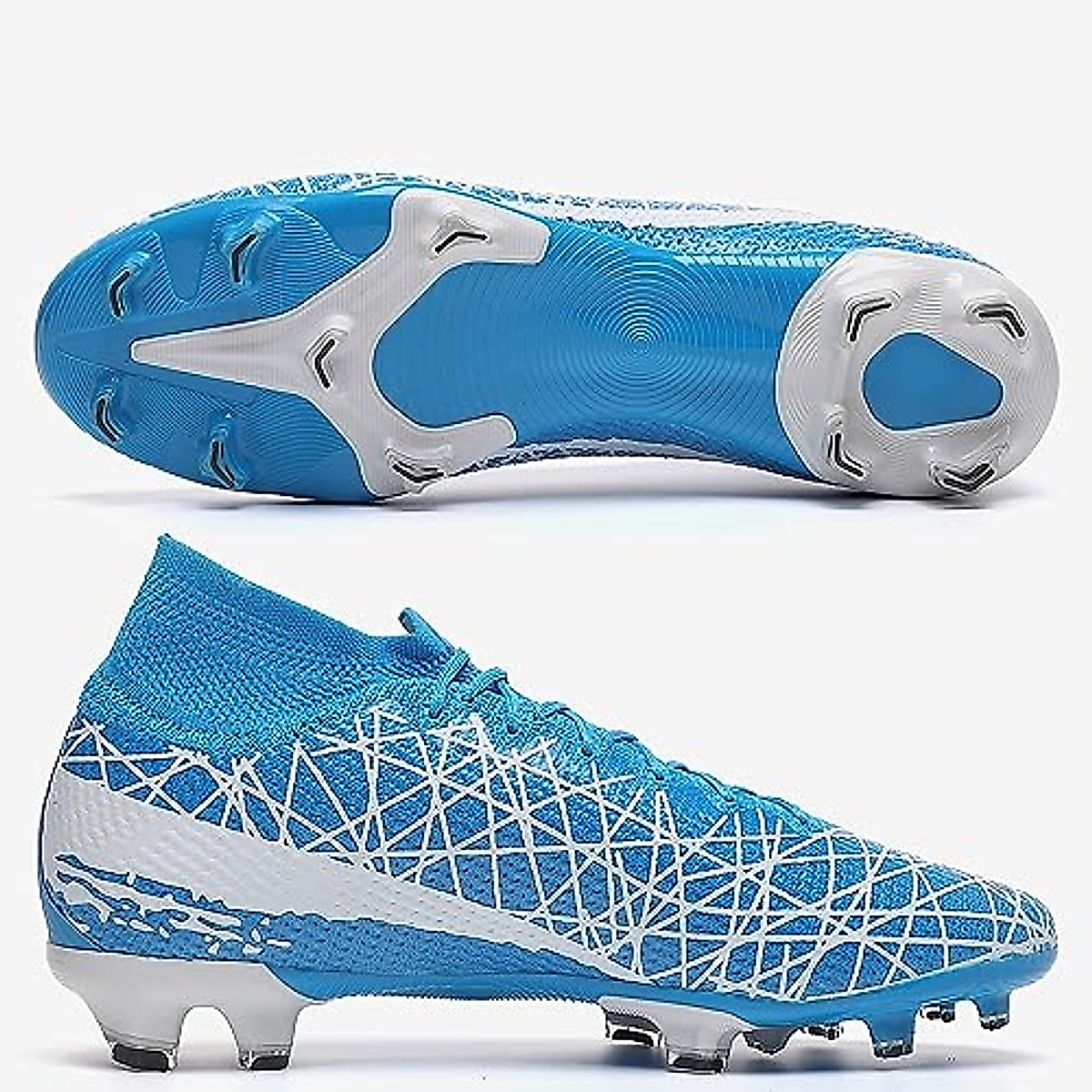lozoye Soccer Cleats Mens Womens Football Shoes for Kids Big Boys Grils FG High Ankle Football Boots Wide Soccer Training Sneakers (Blue White,42)