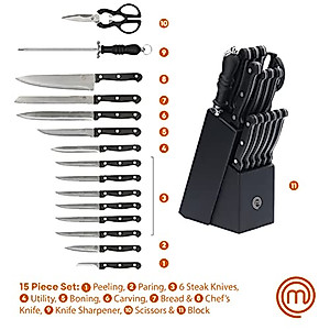 MasterChef Knife Block Set of Kitchen Knives, Large 15pc Stainless Steel Cooking Knife Collection incl. Steak Knives, Cutting Shears & Knife Sharpener with Riveted Handles in a Matte Black Holder