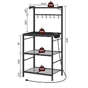 MAHANCRIS Bakers Rack with Charging Station, Microwave Stand with 6 S-Shaped Hooks, 4-Tier Storage Rack, Multifunctional Coffee Bar, for Kitchen, Dining Room, Charcoal Gray and Black BRHT35E01N1