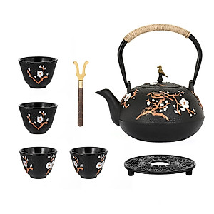 Dyna-Living Cast Iron Teapot Japanese Tea Kettle Set 1200ml/40.6oz Japanese Cast Iron Teapot Set with 4 Tea Cups Japanese Style Tea Pot with Infuser Cast Iron Tea Kettle for Tea Lover