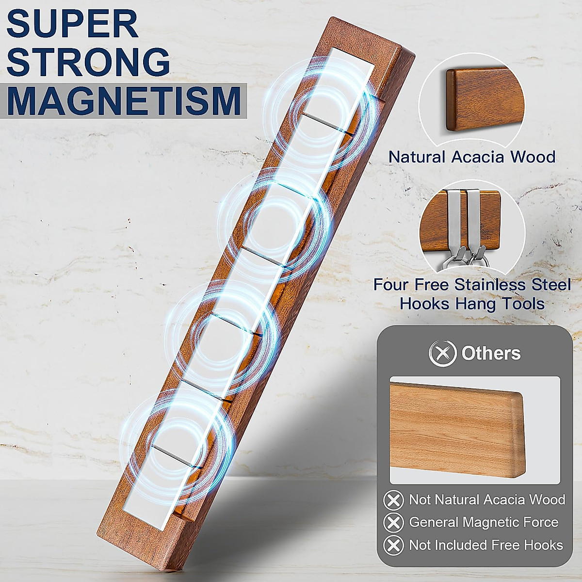 ENOKING Knife Magnetic Strip, Magnetic Knife Holder for Wall 16 Inch, Powerful Magnetic Knife Strip Acacia Wood Magnetic Knife Holder for Refrigerator, Wall Mount Magnet Knife Bar with 4 Hooks
