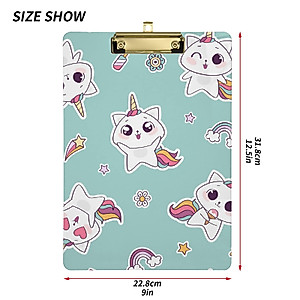 Plastic Clipboard Cute Unicorn Cat Caticorn A4 Letter Size 12.5 x 9 Inch with Metal Low Profile Clip for Office Classroom Students Coaches （Gold Clip）