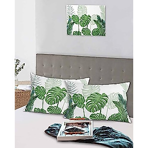 Edwiinsa Teal Tropical Leaves Pillow Covers Queen Size Set of 2 20x30 Bed Pillow, Farmhouse Turquoise Summer Leaf Plush Soft Comfort for Hair/Skin Cooling Pillowcases with Envelop Closure