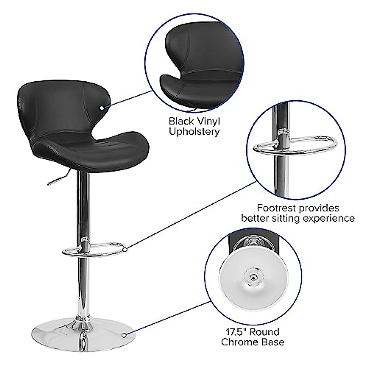 Flash Furniture Contemporary Black Vinyl Adjustable Height Barstool with Curved Back and Chrome Base