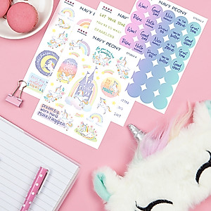 Navy Peony Whimsical Unicorn Self-Care Stickers Sheets (8 Sheets, 150+ Stickers) - A6 Size, Washi/Waterproof Paper Mix | Motivational Quote Stickers for Journals, Planners, Scrapbooks