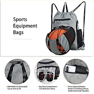 BeeGreen Grey Basketball Backpack Drawstring Backpack with Ball Holder & Shoe Compartment Sling Backpack for Soccer & Football & Volleyball, String Backpack for Dance Sports Yoga Men Women