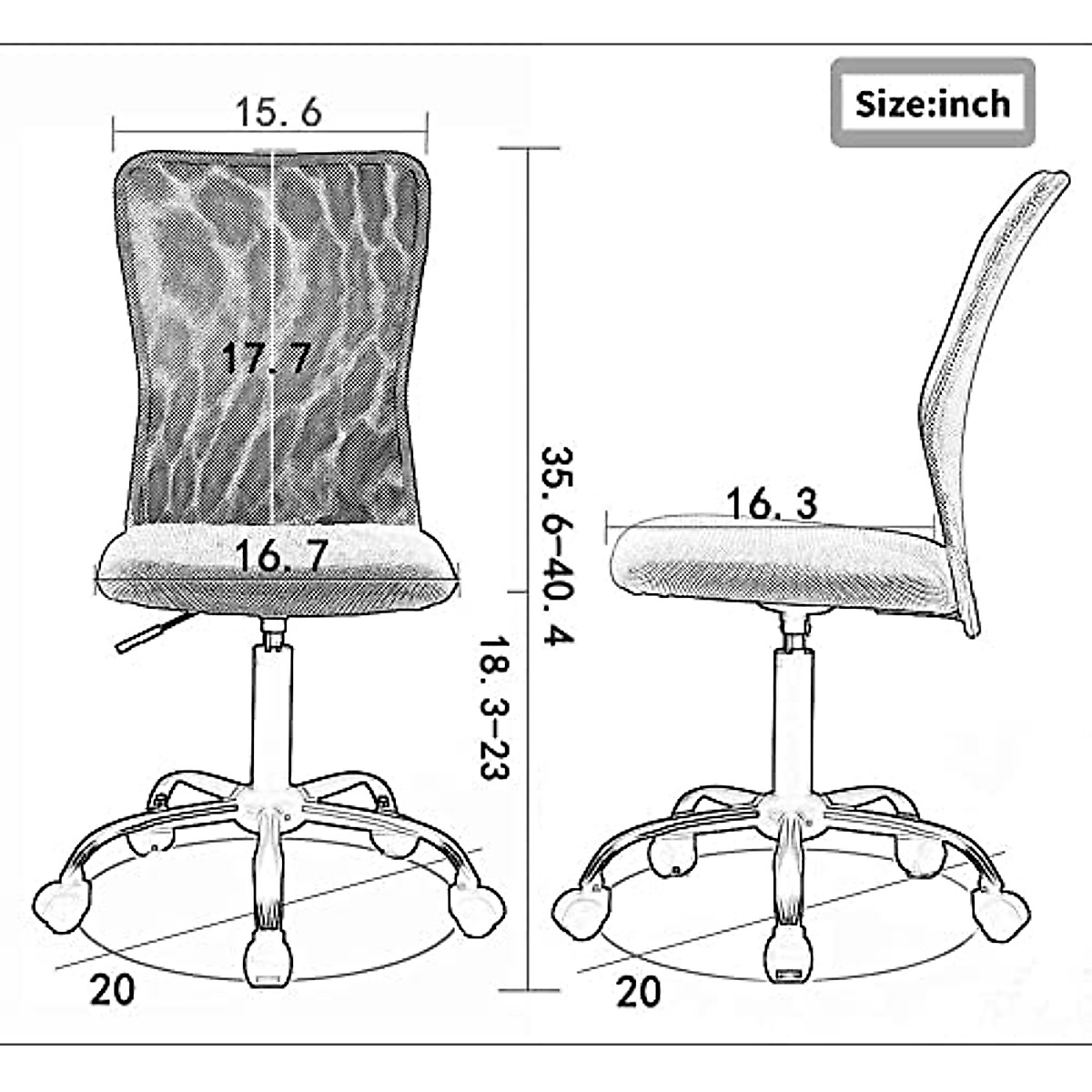 Armless Office Chair Ergonomic Computer Chair Student Desk Chair Height Adjustable Home Office Chair with Wheels Mid-Back Mesh Chair Swivel Task Chair for Small Space Bedroom, Black