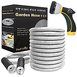 TheFitLife Flexible Metal Garden Hose - Upgrade Leak and Fray Resistant Design, Stainless Steel Water Hose with Solid Fittings and Sprayer Nozzle, Lightweight Kink Free Durable Easy Storage (100 FT)