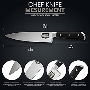 Utopia Kitchen 8 inch Chef Knife Cooking Knife Carbon Stainless Steel Kitchen Knife with Sheath and Ergonomic Handle - Chopping Knife for Professional Use (Black)