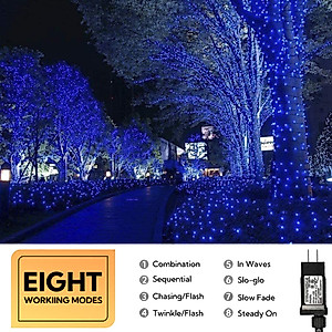 MYGOTO 33FT 100 LEDs String Lights,Green Wire Waterproof Fairy Lights 8 Modes 30V UL Certified Plug in Xmas Lights for Home, Garden, Wedding, Party, Christmas Decoration Indoor Outdoor (Blue)