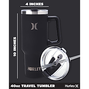 Hurley Tumbler Thermos - 40oz Double Wall Vacuum Insulated Travel Mug with Handle - BPA Free Stainless Steel Water Bottle - Leak Proof Hot and Cold Coffee Car Cup, Size 40 Ounces, Black Solid Rubber