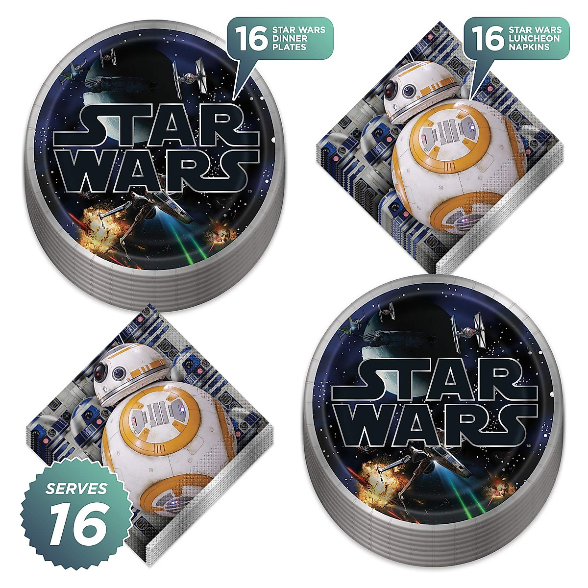 Star Wars Party Supplies - Classic Star Wars Paper Dinner Plates and Luncheon Napkins (Serves 16)