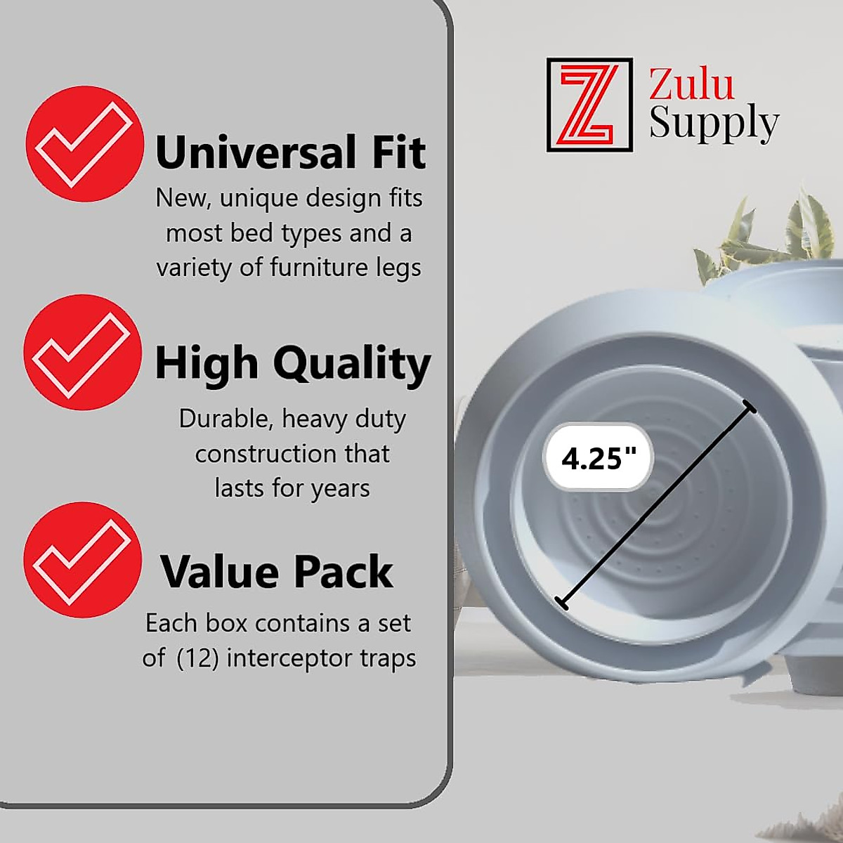 Zulu Supply Bed Bug Interceptors, Traps, 12 Pack, Bedbug Monitor, Detector for Bed Legs or Furniture (White 12-Pack)